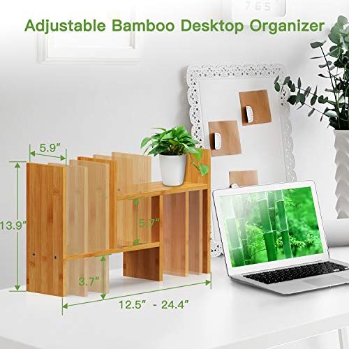 Pipishell Bamboo Desktop Shelf Organizer, Adjustable Shelves Storage Rack for Desk, Expandable Wooden Display Stand Shelf, Art Office Supplies Decor