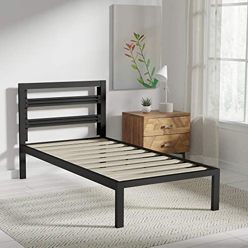 Amazon Basics Industrial Metal Bed Frame with Headboard and Wood Slats, 14 Inches High, Twin, Black