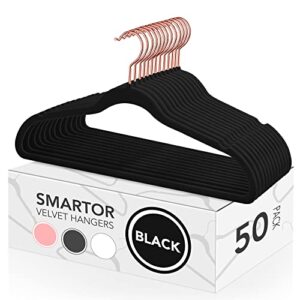 smartor velvet hangers 50 pack, black felt hangers non slip with rose gold hook, premium felt hangers for adult, heavy duty velvet hanger for coat, suit, short, skirt, dress (black)