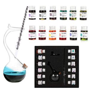 thyggzjbs handmade high borosilicate glass glass dip pen ink set-crystal pen with 12 colorful inks for art, writing, signatures, calligraphy, decoration, gift (black)