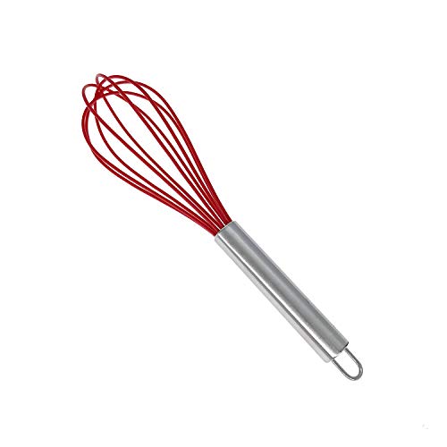 KUFUNG Kitchen Silicone Whisk, Balloon Mini Wire Whisk, Stainless Steel & Silicone Non-Stick Coating Hand Egg Mixer, for Blending Whisking Beating Stirring Cooking Baking (Red, 10 inch)