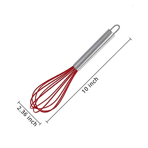 KUFUNG Kitchen Silicone Whisk, Balloon Mini Wire Whisk, Stainless Steel & Silicone Non-Stick Coating Hand Egg Mixer, for Blending Whisking Beating Stirring Cooking Baking (Red, 10 inch)