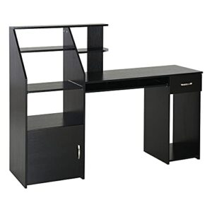 homcom computer desk with sliding keyboard & storage shelves, cabinet and drawer, home office gaming table workstation, black wood grain