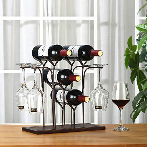 Wine Racks Countertop, Hold 4 Bottles Wine and 4 Wine Glasses, 2 in 1 Wine Glass Holder and Storage, for Home Decor & Kitchen Storage Rack, Bar, Wine Party, Made in Wood & Metal Shelf