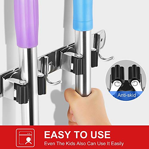 IMILLET 2 Pack Broom and Mop Holder Wall Mounted, Stainless Steel Broom Holder Mop Holder Self Adhesive Heavy Duty Hooks Storage Organizer for Home Laundry Room Garden Garage Closet Kitchen