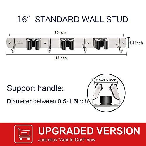 IMILLET 2 Pack Broom and Mop Holder Wall Mounted, Stainless Steel Broom Holder Mop Holder Self Adhesive Heavy Duty Hooks Storage Organizer for Home Laundry Room Garden Garage Closet Kitchen