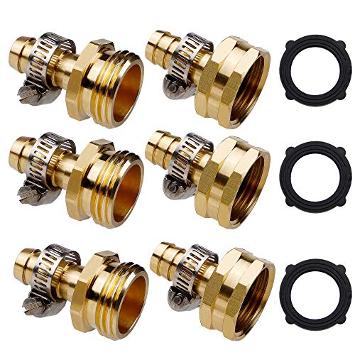 Twinkle Star Heavy Duty Brass 1/2" Garden Hose Mender End Repair Connector with Stainless Clamps, Male and Female Garden Hose Fittings, 3 Sets