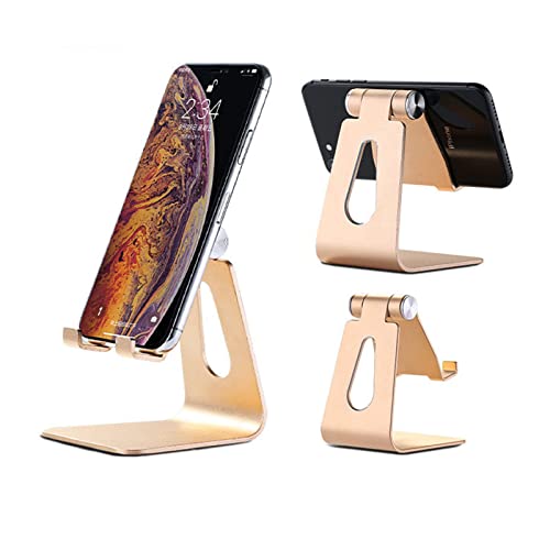 Cell Phone Stand Holder Aluminum Phone Deck Cradle, Adjustable Desktop Stand Compatible with iPhone 14 13 12 11 Pro MAX Mini，iPad Mini, Other Smart Phone (Glod)