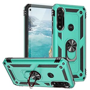 tjs compatible with motorola moto g power (2020) case, with [tempered glass screen protector] defender metal ring magnetic support kickstand heavy duty drop protector cover phone case (teal)