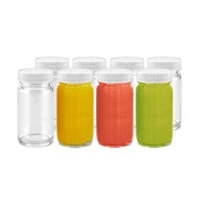 juice shot bottles set - wide mouth for juicing, beverage storage, liquids, 2 oz, clear glass with white caps, reusable, leak proof, jars (8 pack)