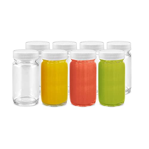 Juice Shot Bottles Set - Wide Mouth for Juicing, Beverage Storage, Liquids, 2 oz, Clear Glass with White Caps, Reusable, Leak Proof, Jars (8 pack)