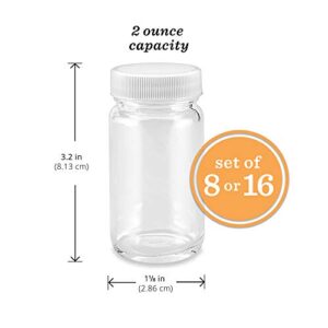 Juice Shot Bottles Set - Wide Mouth for Juicing, Beverage Storage, Liquids, 2 oz, Clear Glass with White Caps, Reusable, Leak Proof, Jars (8 pack)