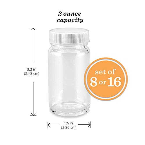 Juice Shot Bottles Set - Wide Mouth for Juicing, Beverage Storage, Liquids, 2 oz, Clear Glass with White Caps, Reusable, Leak Proof, Jars (8 pack)