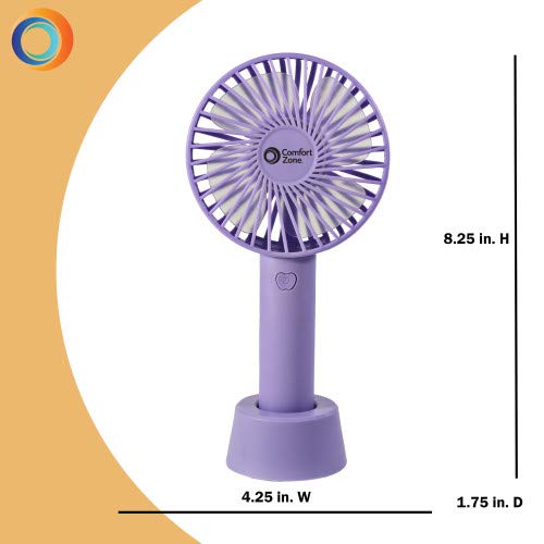 Comfort Zone CZPF402PL 4” 3-Speed Handheld Rechargeable Fan - Lithium Ion Battery Operated, Micro USB Cable - Powerful, Mini Hand Fan - Lightweight, Purple