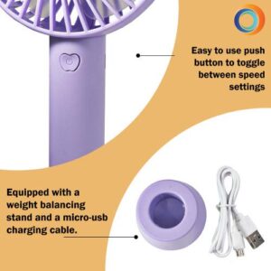 Comfort Zone CZPF402PL 4” 3-Speed Handheld Rechargeable Fan - Lithium Ion Battery Operated, Micro USB Cable - Powerful, Mini Hand Fan - Lightweight, Purple