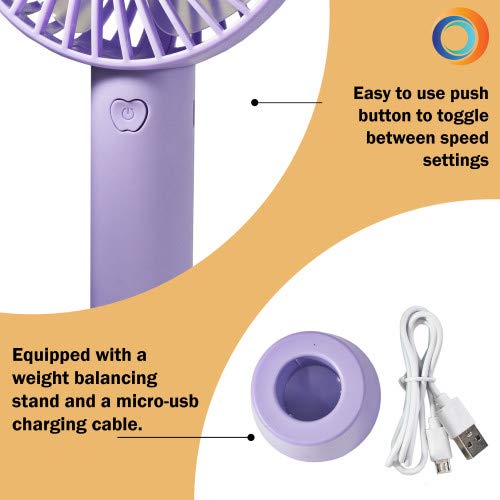 Comfort Zone CZPF402PL 4” 3-Speed Handheld Rechargeable Fan - Lithium Ion Battery Operated, Micro USB Cable - Powerful, Mini Hand Fan - Lightweight, Purple