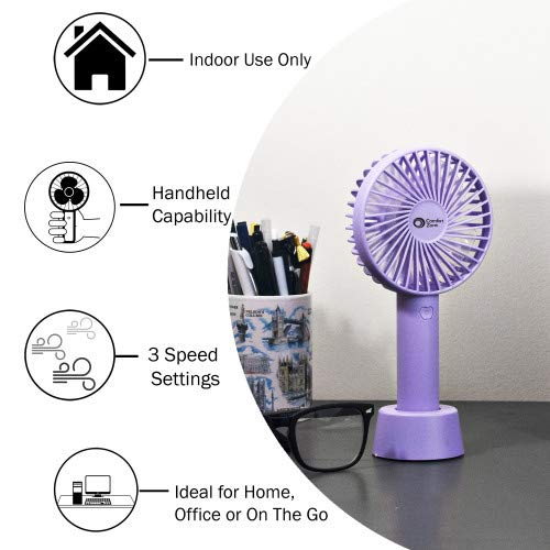 Comfort Zone CZPF402PL 4” 3-Speed Handheld Rechargeable Fan - Lithium Ion Battery Operated, Micro USB Cable - Powerful, Mini Hand Fan - Lightweight, Purple