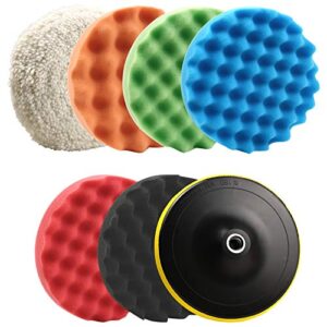 otuayauto 7 inch buffing polishing pad - 5pcs waffle foam, 1pc wool polishing pad and a m14 threaded polisher grip backing plate