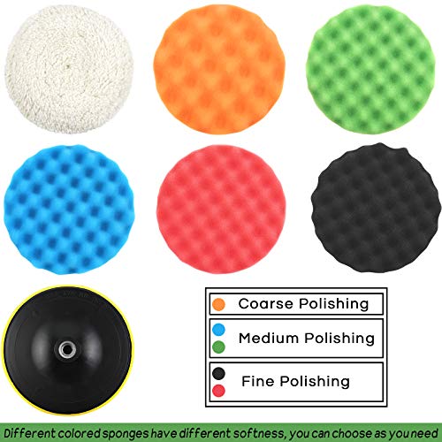 OTUAYAUTO 7 inch Buffing Polishing Pad - 5pcs Waffle Foam, 1pc Wool Polishing Pad and a M14 Threaded Polisher Grip Backing Plate