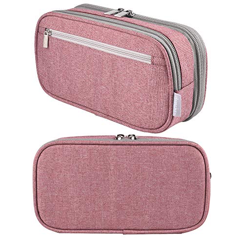 Chelory Pencil Case Big Capacity Pencil Bag Pouch 3 Comparments Large Pen Case Holder Makeup Bag for Adults Office Desk Supplies Stationery Organizer, Light Red