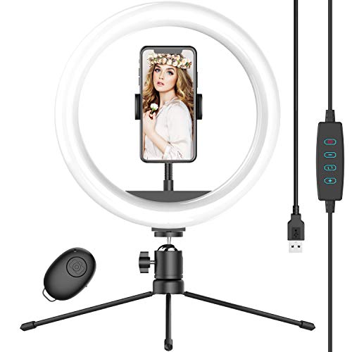 10" Selfie Ring Light with Tripod Stand & Phone Holder, Dimmable Desk LED Makeup Ring Light for Live Streaming/Zoom Meetings/YouTube Video/Vlog, Compatible with Smart Phones