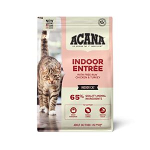 acana dry cat food for indoor cats, indoor entrée, chicken, turkey, whole herring, and rabbit, 4lb