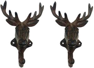 grace home set of 2 cast iron heavy duty rustic deer head wall hook keys towels hooks vintage metal wall mounted decorative wall hanger nature lovers gift idea (deer head)