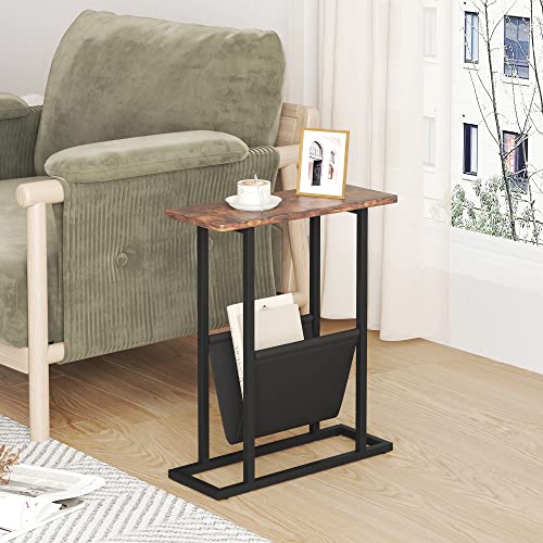 Yusong Small Narrow Side Table for Small Spaces, Slim End Table Magazine Table Nighstand with Storage Holder, Accent Skiny Snack Couch Beside Table, Rustic Brown