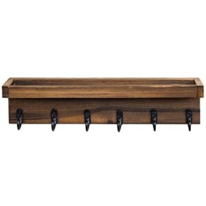 MyGift Rustic Dark Brown Wood Entryway Key Holder Rack with Floating Display Shelf, Decorative Wall Organizer with Mail Holder Ledge and 6 Hooks