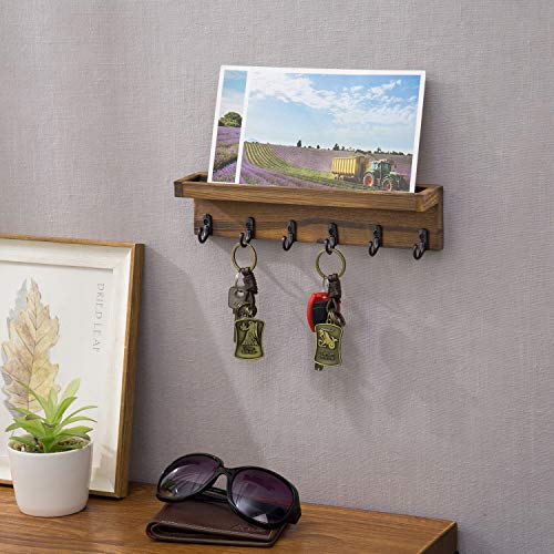 MyGift Rustic Dark Brown Wood Entryway Key Holder Rack with Floating Display Shelf, Decorative Wall Organizer with Mail Holder Ledge and 6 Hooks