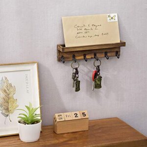 MyGift Rustic Dark Brown Wood Entryway Key Holder Rack with Floating Display Shelf, Decorative Wall Organizer with Mail Holder Ledge and 6 Hooks