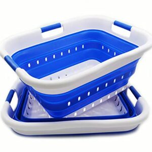 SAMMART 41L Set of 2 Collapsible 3 Handled Plastic Laundry Basket - Foldable Pop Up Storage Container/Organizer - Portable Washing Tub - Space Saving Hamper/Basket (2, White/Dark Blue)