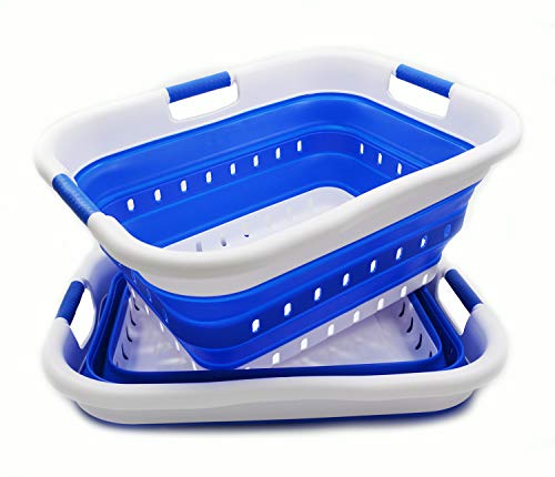 SAMMART 41L Set of 2 Collapsible 3 Handled Plastic Laundry Basket - Foldable Pop Up Storage Container/Organizer - Portable Washing Tub - Space Saving Hamper/Basket (2, White/Dark Blue)