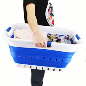 SAMMART 41L Set of 2 Collapsible 3 Handled Plastic Laundry Basket - Foldable Pop Up Storage Container/Organizer - Portable Washing Tub - Space Saving Hamper/Basket (2, White/Dark Blue)