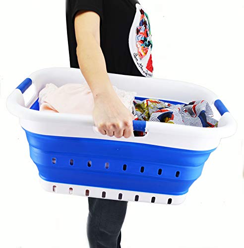 SAMMART 41L Set of 2 Collapsible 3 Handled Plastic Laundry Basket - Foldable Pop Up Storage Container/Organizer - Portable Washing Tub - Space Saving Hamper/Basket (2, White/Dark Blue)