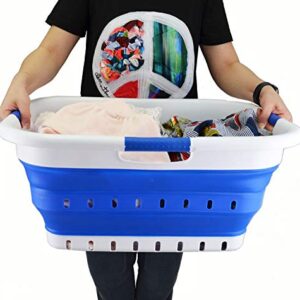 SAMMART 41L Set of 2 Collapsible 3 Handled Plastic Laundry Basket - Foldable Pop Up Storage Container/Organizer - Portable Washing Tub - Space Saving Hamper/Basket (2, White/Dark Blue)