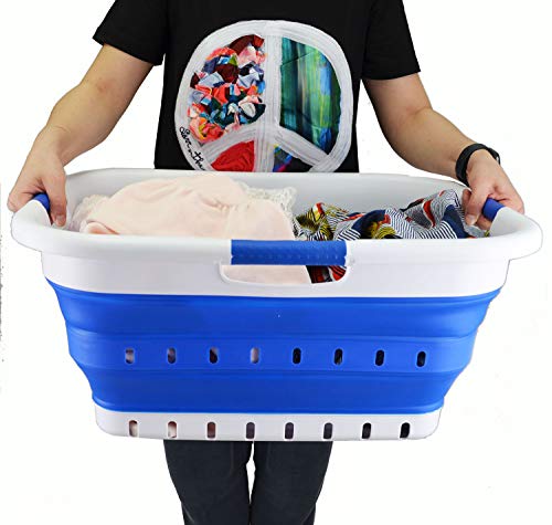 SAMMART 41L Set of 2 Collapsible 3 Handled Plastic Laundry Basket - Foldable Pop Up Storage Container/Organizer - Portable Washing Tub - Space Saving Hamper/Basket (2, White/Dark Blue)