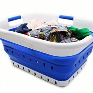 SAMMART 41L Set of 2 Collapsible 3 Handled Plastic Laundry Basket - Foldable Pop Up Storage Container/Organizer - Portable Washing Tub - Space Saving Hamper/Basket (2, White/Dark Blue)