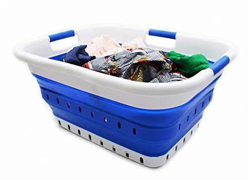 SAMMART 41L Set of 2 Collapsible 3 Handled Plastic Laundry Basket - Foldable Pop Up Storage Container/Organizer - Portable Washing Tub - Space Saving Hamper/Basket (2, White/Dark Blue)