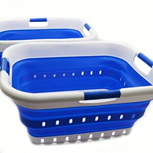 SAMMART 41L Set of 2 Collapsible 3 Handled Plastic Laundry Basket - Foldable Pop Up Storage Container/Organizer - Portable Washing Tub - Space Saving Hamper/Basket (2, White/Dark Blue)