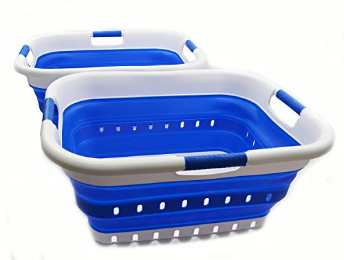 SAMMART 41L Set of 2 Collapsible 3 Handled Plastic Laundry Basket - Foldable Pop Up Storage Container/Organizer - Portable Washing Tub - Space Saving Hamper/Basket (2, White/Dark Blue)