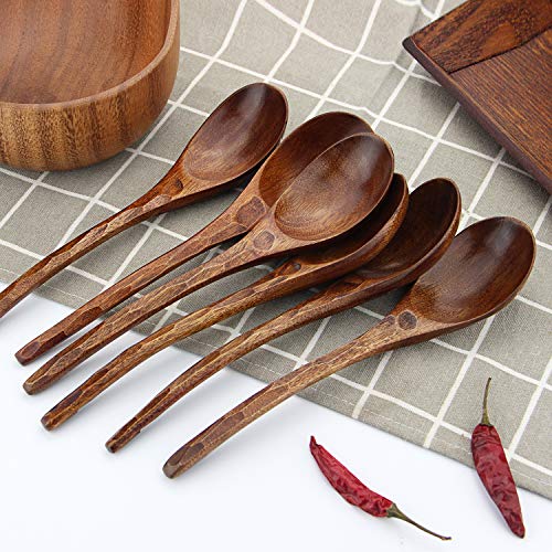 Soup Spoons,AOOSY Wooden Soup Spoons, 6 Pieces 7.84 inches Japanese Ramen Spoons Round Nanmu Wood Long Handle Rice Dessert Cooking Tasting Dinner Table Spoon for Kitchen Restaurant