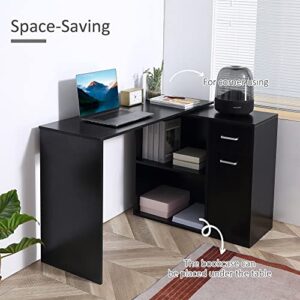 HOMCOM L Shaped Corner Computer Desk Workstation with Rotating Storage Shelves and Drawer for Home & Office, Black