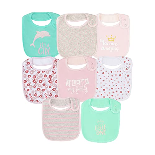 Maiwa Cotton Waterproof Baby Girls' 8 Pack Bibs with Buttons for Teething Drooling Eating