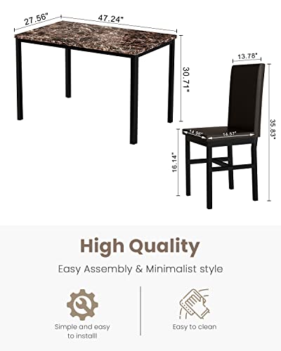 DKLGG Dining Table Set for 4, 5 Pieces Faux Marble Dining Set Kitchen Table and Chairs with 4 Leather Upholstered Chairs for Kitchen, Bar, Living Room, Breakfast Nook, Small Space