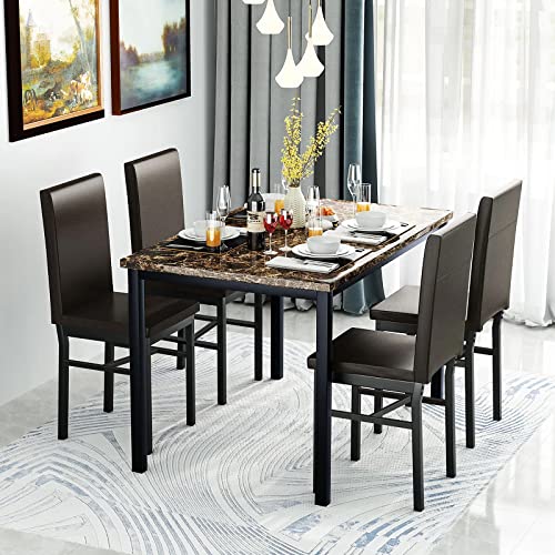 DKLGG Dining Table Set for 4, 5 Pieces Faux Marble Dining Set Kitchen Table and Chairs with 4 Leather Upholstered Chairs for Kitchen, Bar, Living Room, Breakfast Nook, Small Space