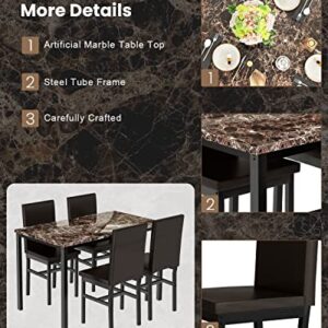 DKLGG Dining Table Set for 4, 5 Pieces Faux Marble Dining Set Kitchen Table and Chairs with 4 Leather Upholstered Chairs for Kitchen, Bar, Living Room, Breakfast Nook, Small Space