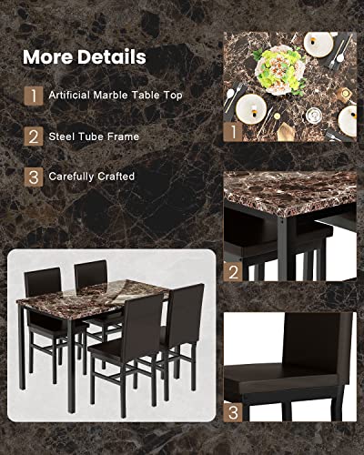 DKLGG Dining Table Set for 4, 5 Pieces Faux Marble Dining Set Kitchen Table and Chairs with 4 Leather Upholstered Chairs for Kitchen, Bar, Living Room, Breakfast Nook, Small Space