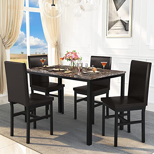 DKLGG Dining Table Set for 4, 5 Pieces Faux Marble Dining Set Kitchen Table and Chairs with 4 Leather Upholstered Chairs for Kitchen, Bar, Living Room, Breakfast Nook, Small Space