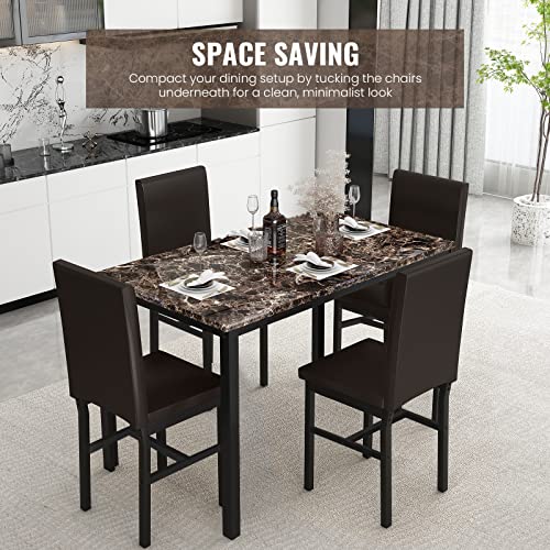 DKLGG Dining Table Set for 4, 5 Pieces Faux Marble Dining Set Kitchen Table and Chairs with 4 Leather Upholstered Chairs for Kitchen, Bar, Living Room, Breakfast Nook, Small Space